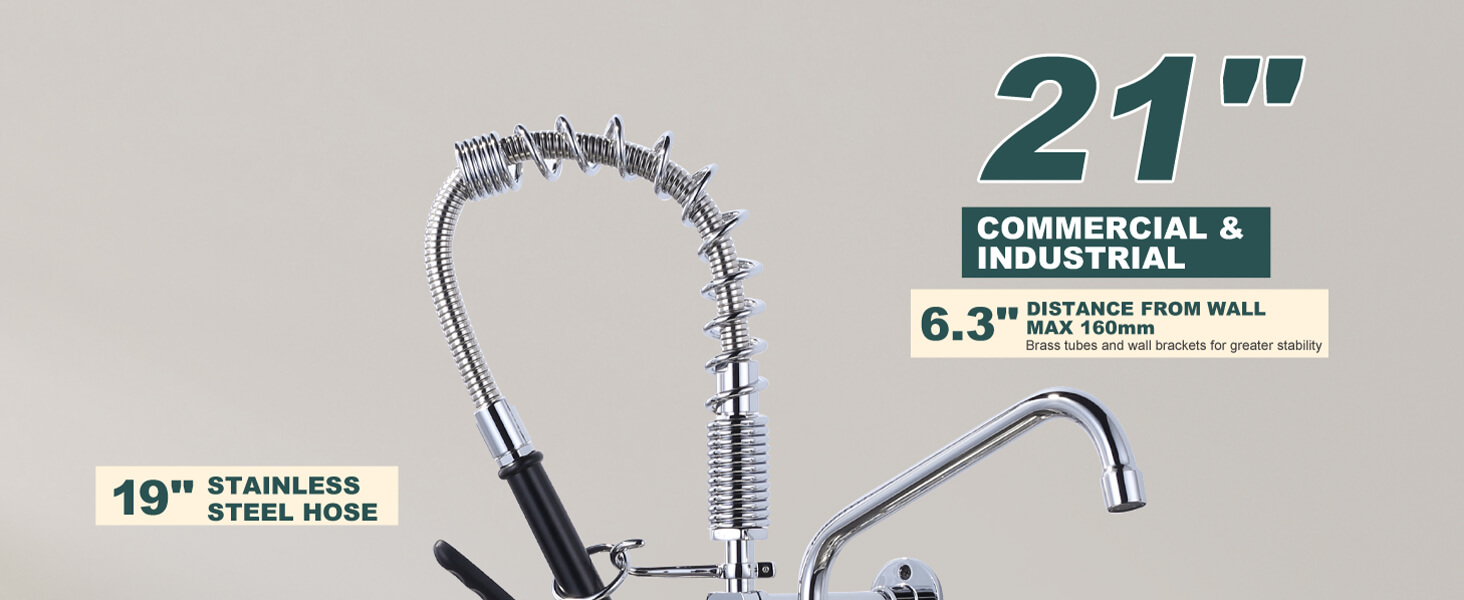 IVIGA 21" Commercial Kitchen Faucet Wall Mount With Pre-Rinse Sprayer ...