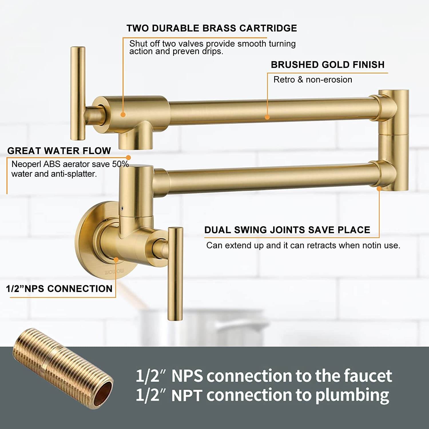 IVIGA Brushed Gold Commercial Wall Mount Pot Filler Faucet Stretchable ...