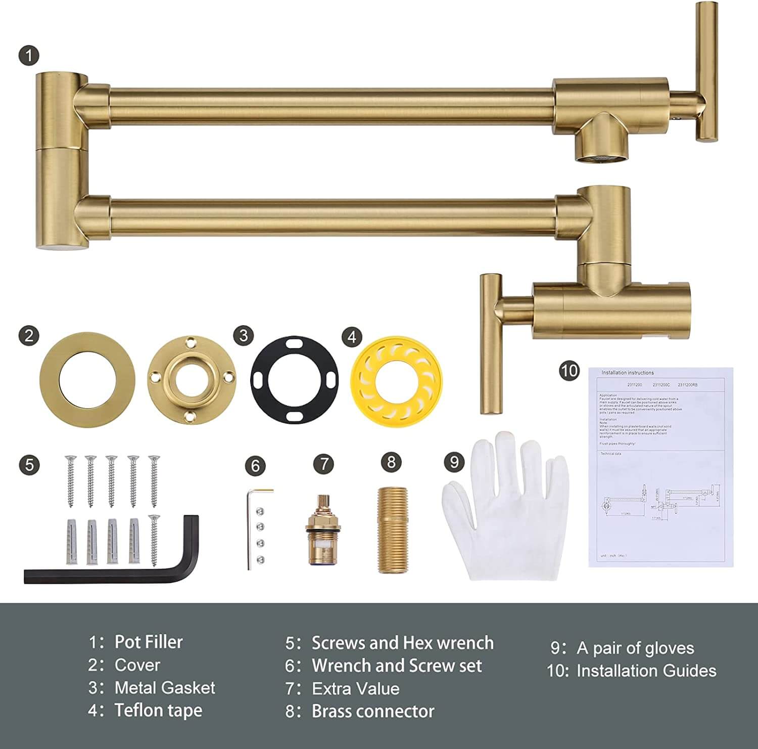 IVIGA Brushed Gold Commercial Wall Mount Pot Filler Faucet Stretchable ...