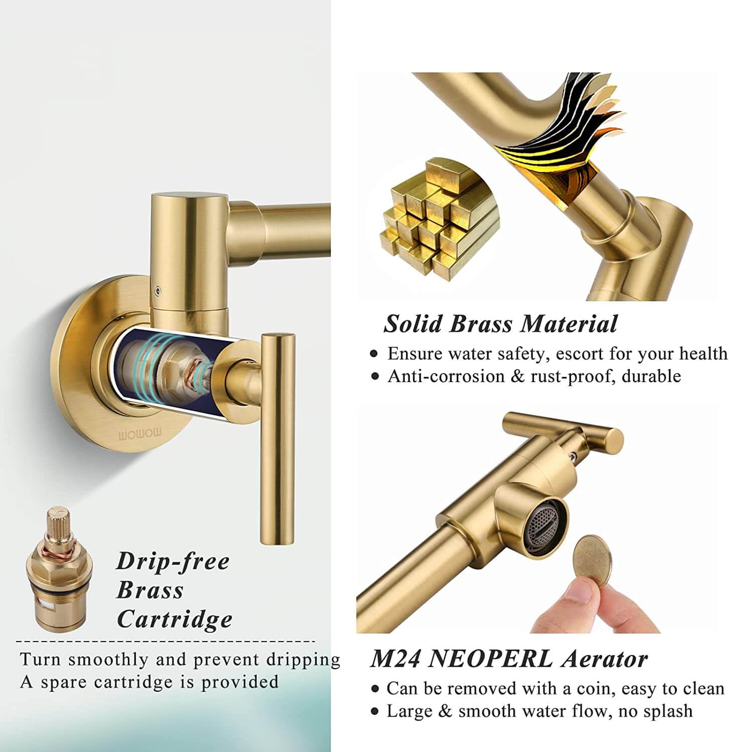 IVIGA Brushed Gold Commercial Wall Mount Pot Filler Faucet Stretchable ...
