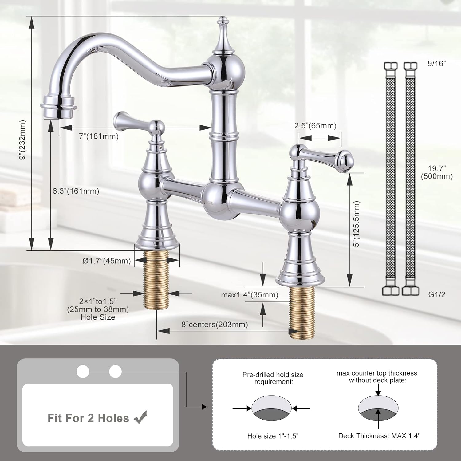 IVIGA Chrome Bridge Antique Brass Kitchen Faucet 2 Hole 2 Handle ...