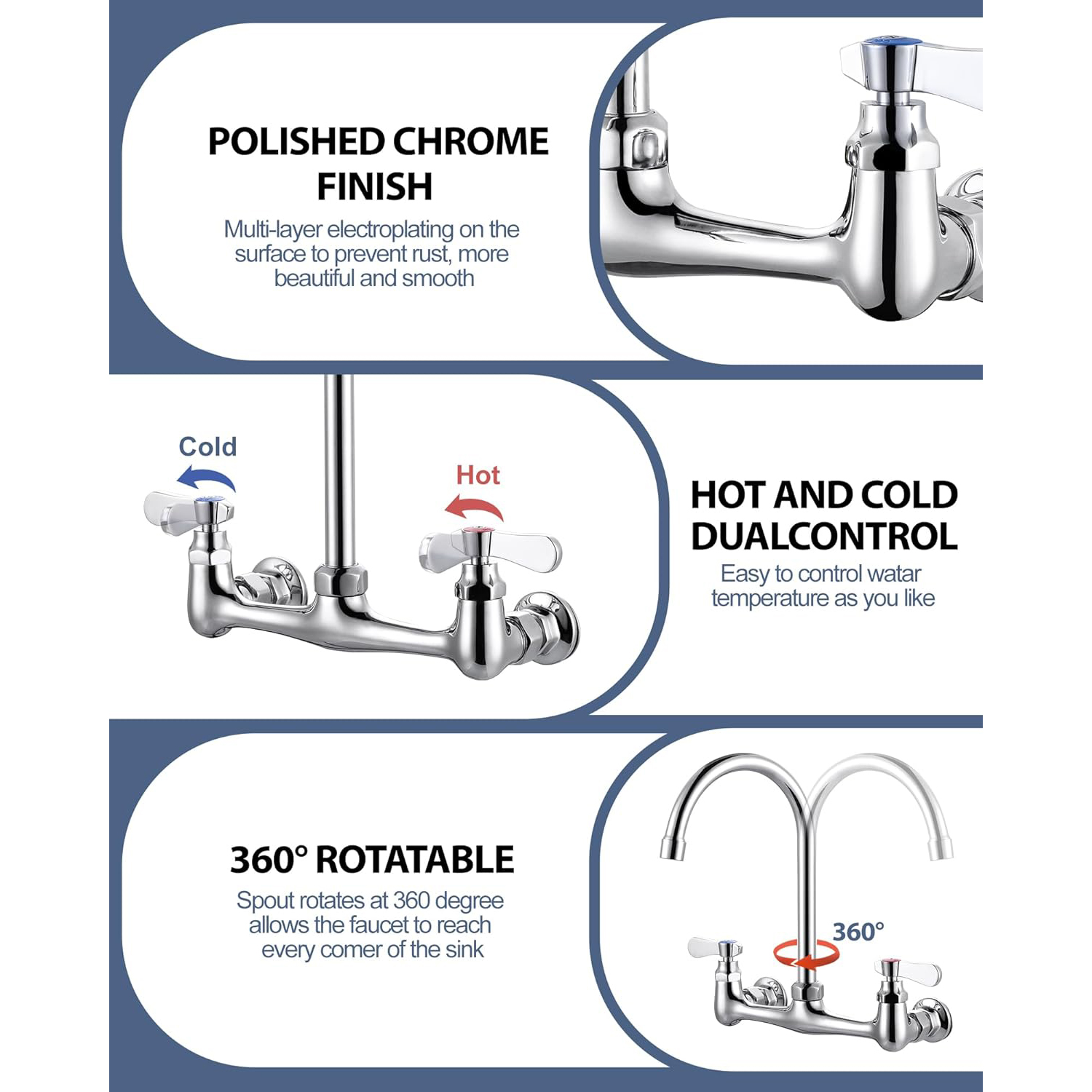 IVIGA Commercial Sink Faucet With 6” Gooseneck Swivel Spout, 8" Center ...
