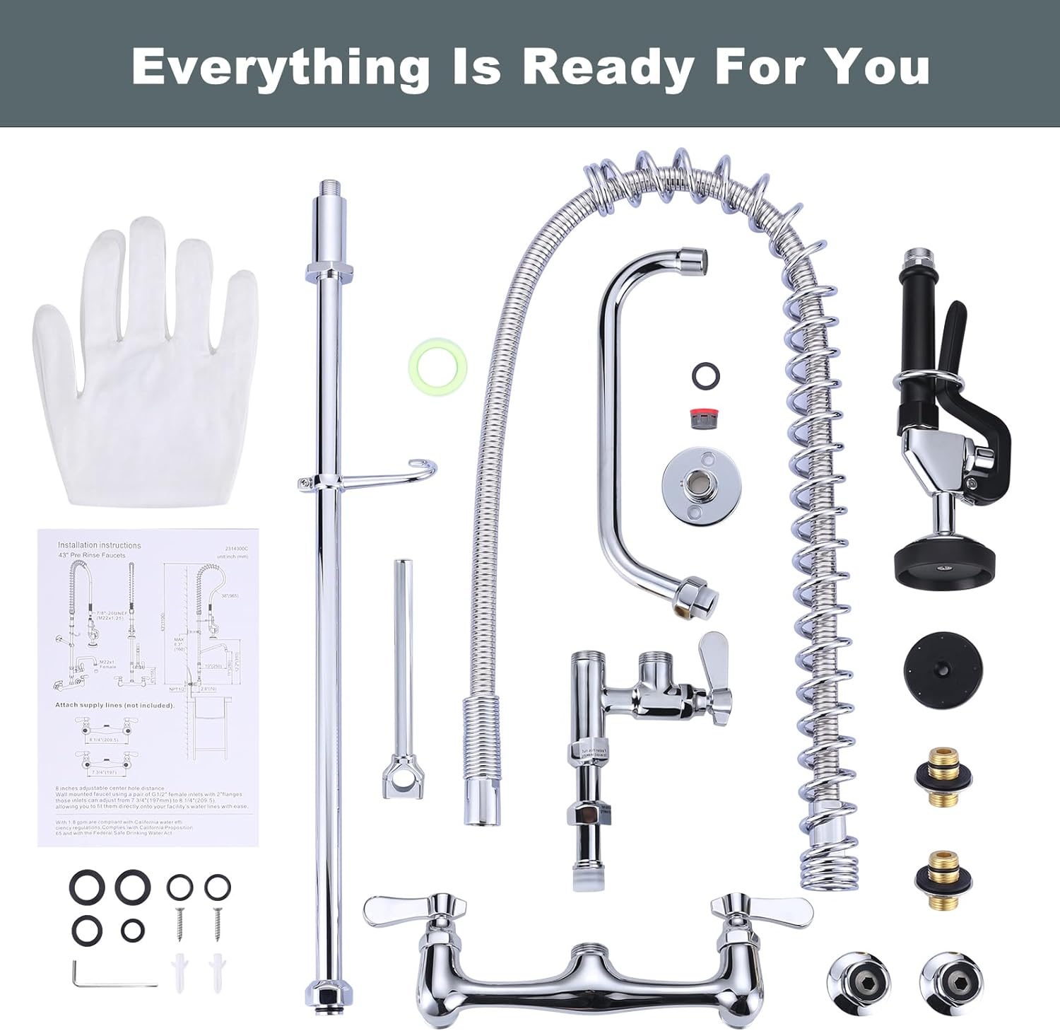 IVIGA 47" Commercial Kitchen Faucet Wall Mount With Pre-Rinse Sprayer ...