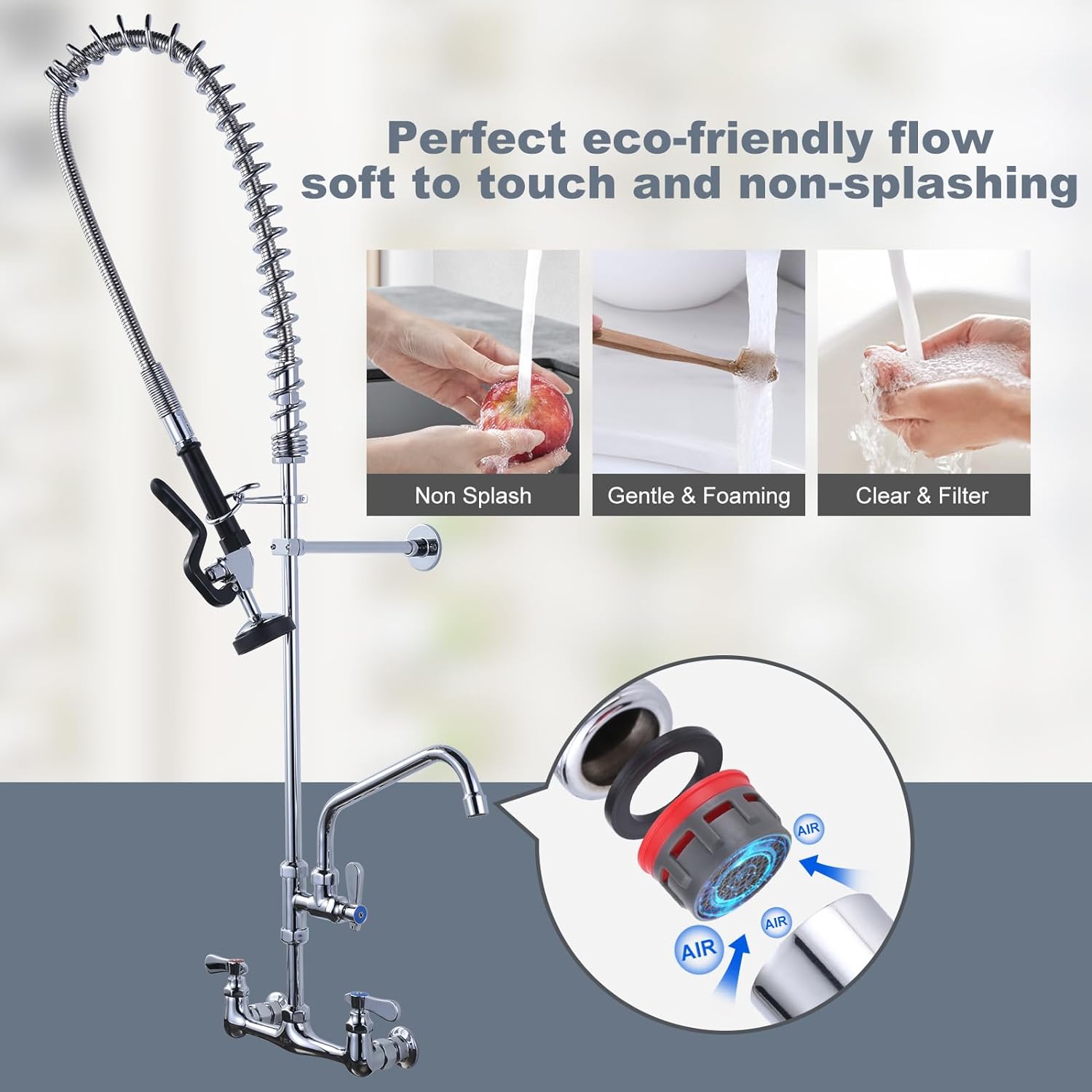 IVIGA 47" Commercial Kitchen Faucet Wall Mount With Pre-Rinse Sprayer ...