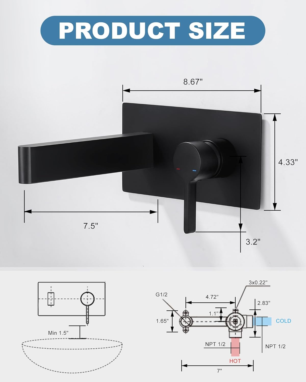IVIGA Matte Black Single Handle Wall Mount Bathroom Sink Faucet With ...