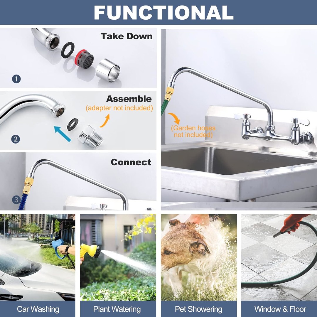 IVIGA 8" Center Wall Mount Commercial Kitchen Faucet With 14” Swivel ...