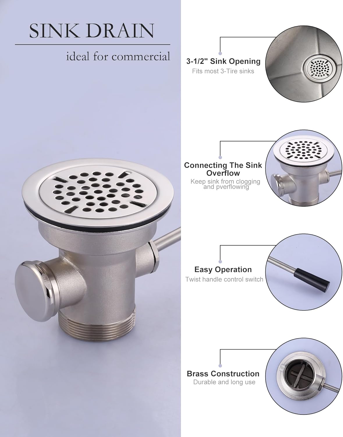 IVIGA 3-1/2" Brass Commercial Sink Drain With Overflow Outlet For ...
