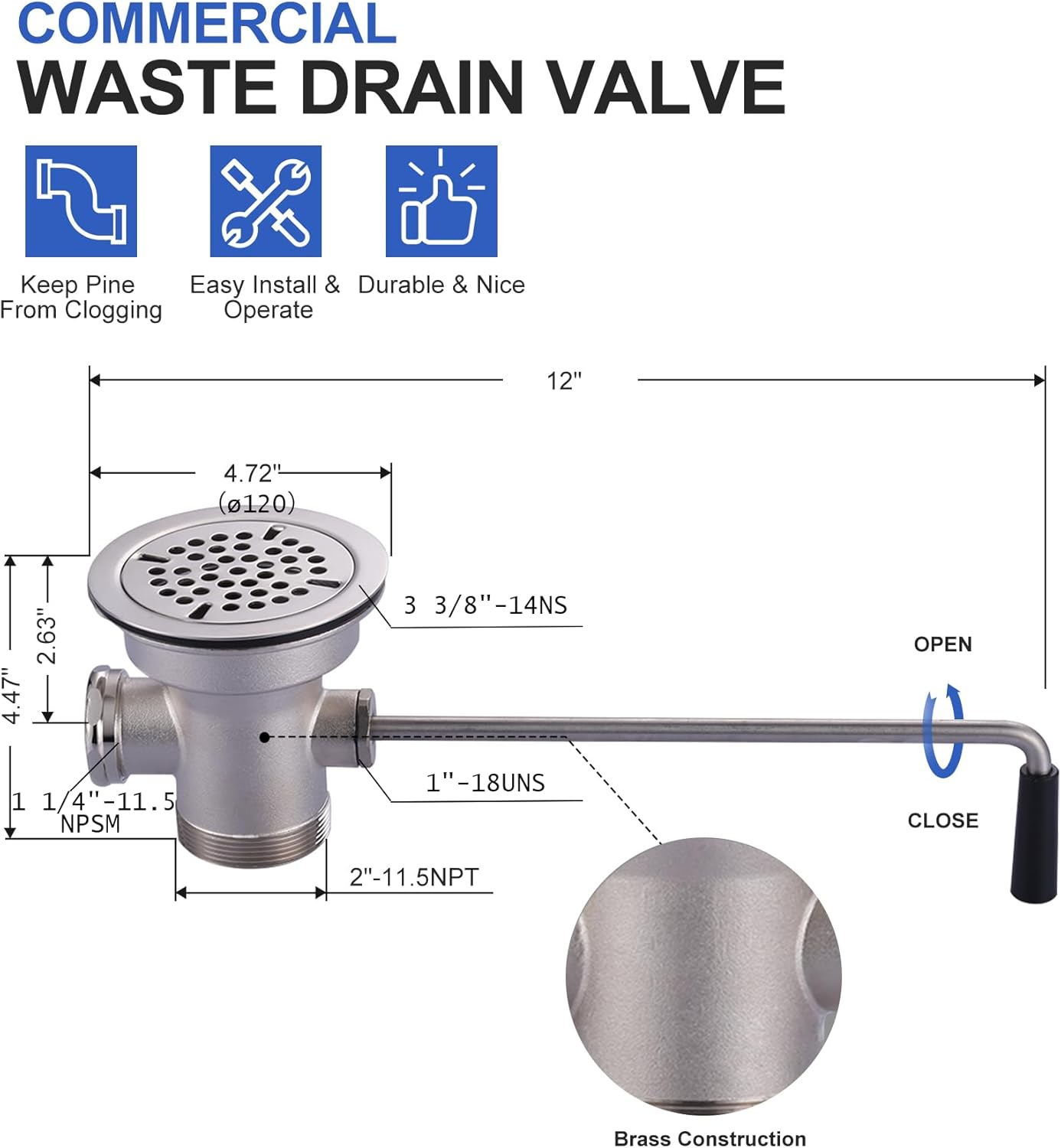 IVIGA 3-1/2" Brass Commercial Sink Drain With Overflow Outlet For ...