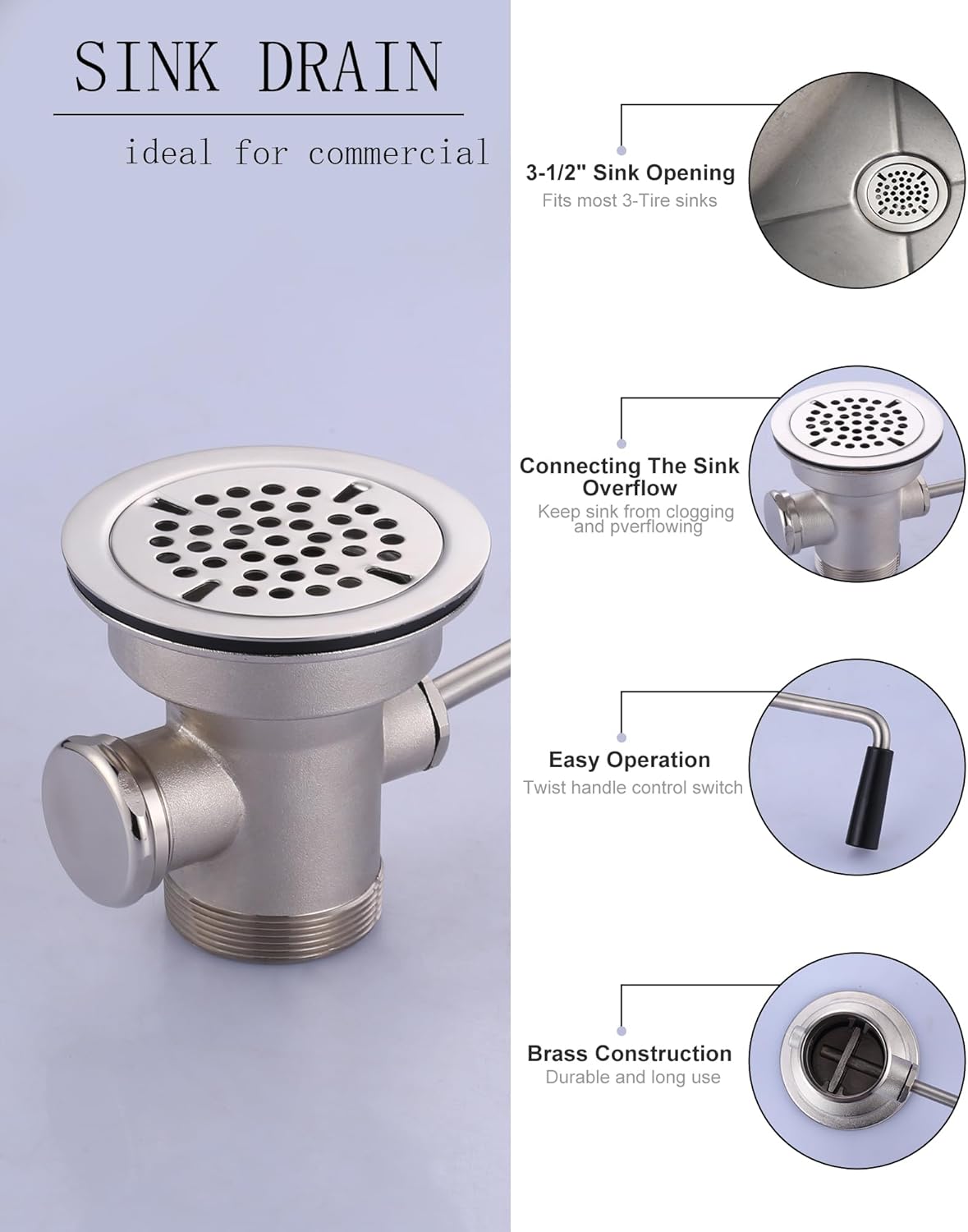 IVIGA 3-1/2" Brass Commercial Sink Drain With Overflow Outlet For ...